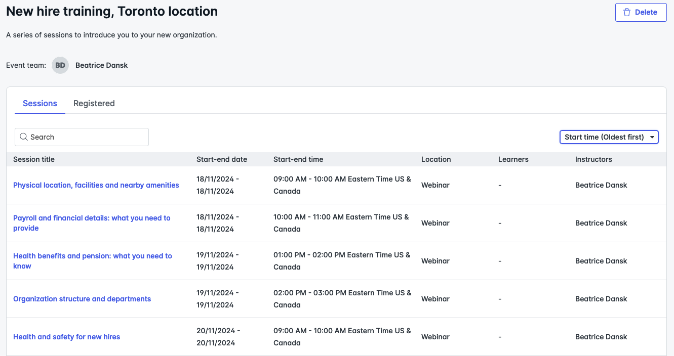 Live Learning: schedule a session series, including merging and splitting sessions – Knowledge Base