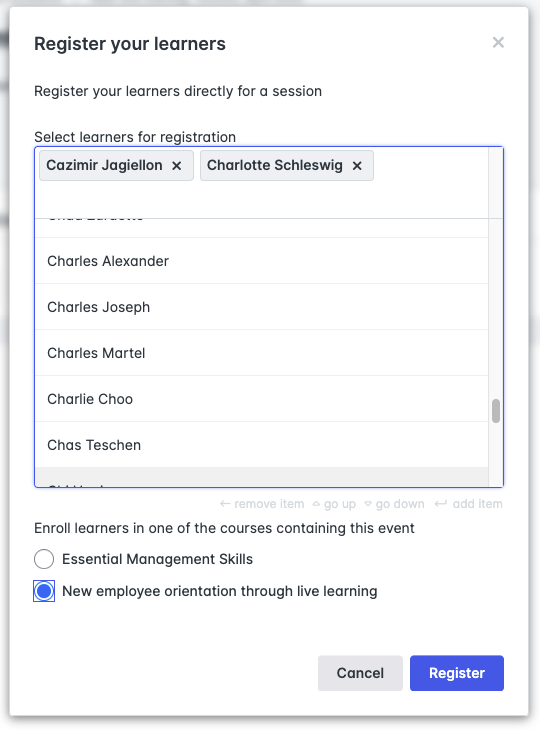 Live Learning: register learners directly to sessions, and to sessions ...