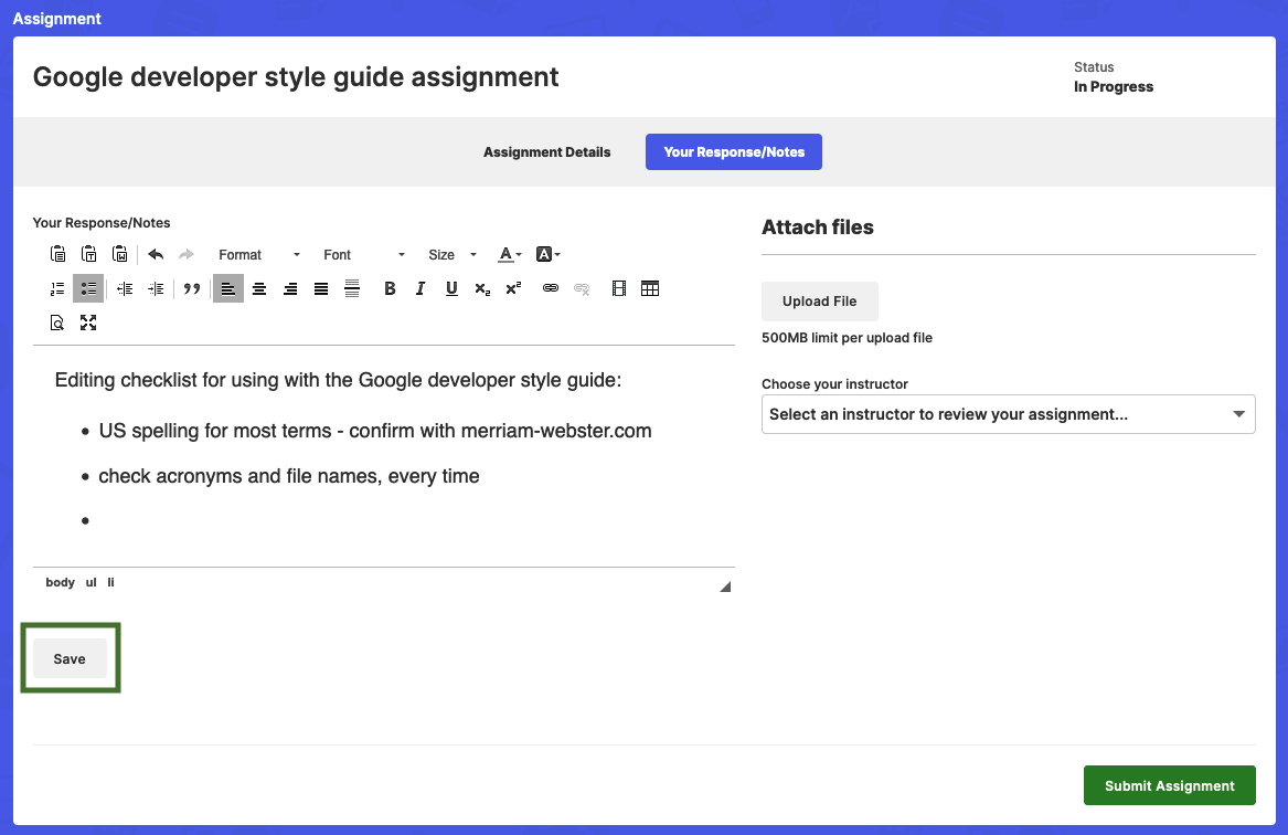 Learner view: work through and submit an assignment – Knowledge Base
